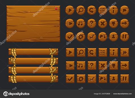 Vector Game Ui Big Kit Template Wooden Menu Of Graphical User