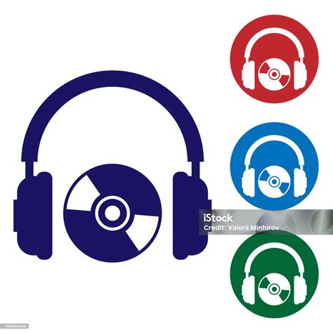 파란색 헤드폰 및 Cd 또는 Dvd 아이콘 흰색 배경에 고립입니다 이어폰 기호입니다 컴팩트 디스크 기호입니다 원 버튼의 색상 아이콘을 설정 합니다 벡터 일러스트 Dj에 대한