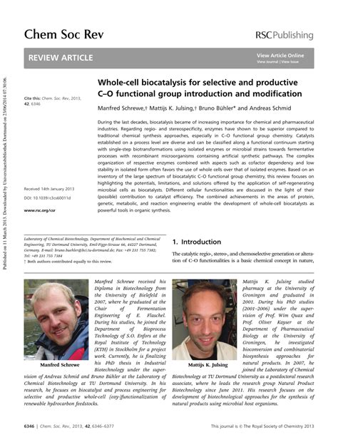 Pdf Cheminform Abstract Whole Cell Biocatalysis For Selective And Productive C O Functional