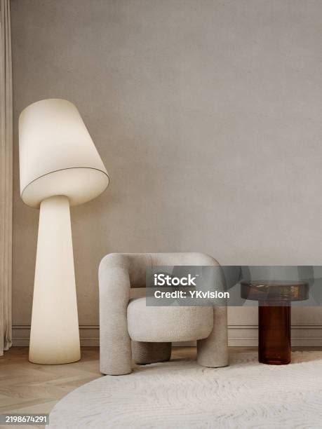 베이지색의 모던하고 클래식한 인테리어로 안락의자 주황색 유리 커피 테이블 플로어 램프가 있습니다 3d 렌더링 일러스트레이션 모형 0명에 대한 스톡 사진 및 기타 이미지
