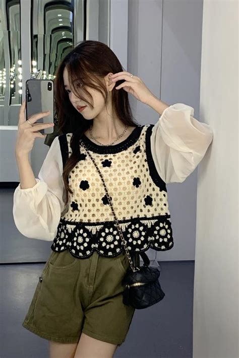 [페이크 투피스] 앤틱 레트로 크로셰 자카드 스타일 꽃 무늬 자수 폴카 도트 펀칭 시스루 라운드넥 박시 박스 여리 핏 스캘럽 니트 민소매 긴팔 퍼프 소매 블라우스 봄 가을