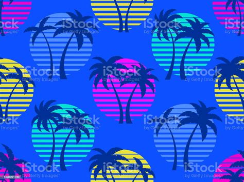 해질녘 야자수가 있는 매끄러운 패턴 80년대 복고풍 스타일 여름철 신스웨이브 스타일의 야자수가 있는 미래 지향적인 태양 인쇄물 판촉물 표지 및 포스터를 위한 디자인 벡터