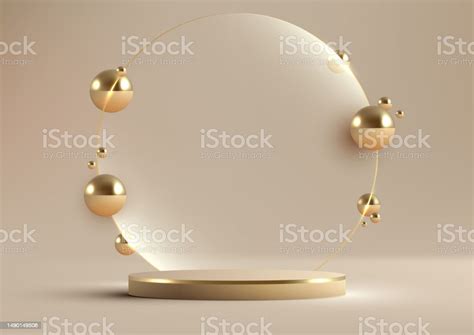 베이지색 배경에 투명한 유리 원형 장식 금 공이 있는 3d 현실적인 럭셔리 스타일의 황금 연단 플랫폼 3차원 형태에 대한 스톡