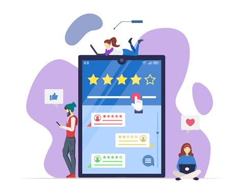 온라인 리뷰 세미 Rgb 컬러 일러스트입니다 사용자 경험 고객 만족 소비자 피드백 긍정적이고 부정적인 의견 품질 평가 화이트에 고립 된 만화 캐릭터 프리미엄 벡터