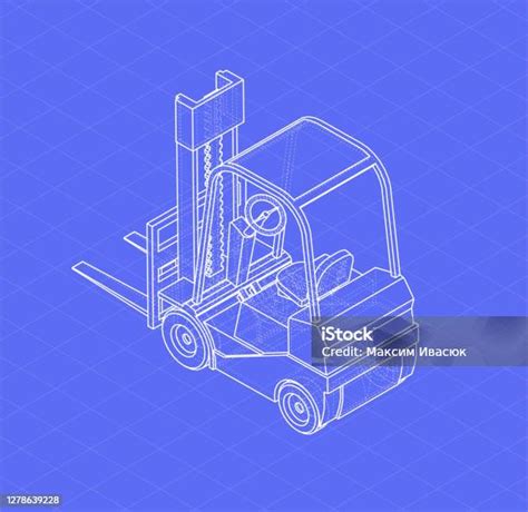 등분 성 지게차 스케치 3d 벡터 와이어프레임 스타일 지게차의 청사진을 간략하게 설명합니다 차량 도면 건축에 대한 스톡 벡터 아트 및 기타 이미지 Istock