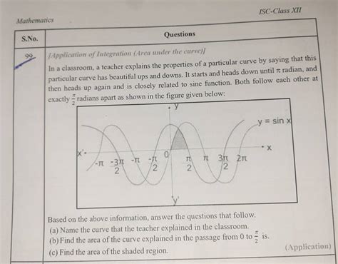 ISC Class XIIMathematicsQuestionsS No Questions Application Of Int