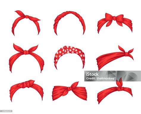 여성을위한 복고풍 머리띠 세트 헤어 스타일에 대한 빨간 반다나의 컬렉션 바람이 부는 헤어 드레싱 장식 머리 매듭 빈티지 스카프의 모형 귀여운 헤어 밴드 또는 머리 장식 벡터