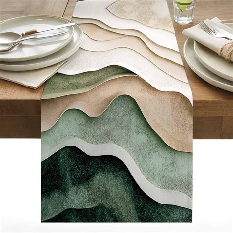 Abstract Wave Texture Table Runner 13x48 Inch Green Beige Bump Theme