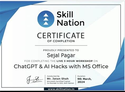 Completion Of Ai Work Shop By Skillnation Sejal Pagar Posted On The Topic Linkedin
