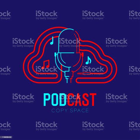 복고풍 마이크 로고 아이콘 개요 스트로크 클라우드 모양 프레임 케이블 대시 라인 디자인 팟 캐스트 인터넷 라디오 프로그램 개념
