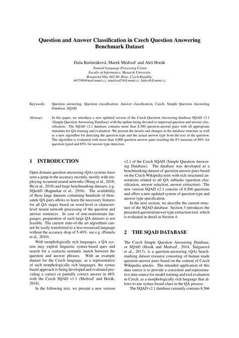 Pdf Question And Answer Classification In Czech Question Answering