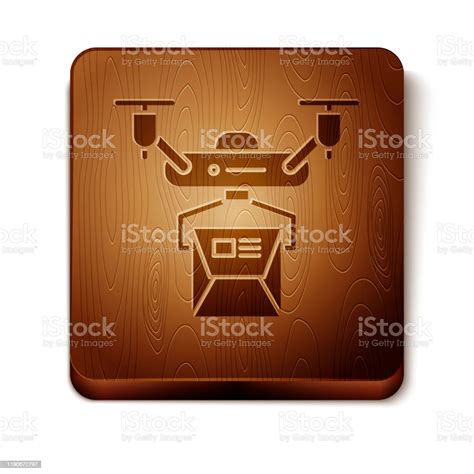 갈색 무인 항공기 배달 개념 아이콘 흰색 배경에 격리 패키지를 운반하는 쿼드로 콥터 운송 물류 개념 나무 사각형 버튼입니다 벡터 일러스트레이션 감시에 대한 스톡 벡터 아트