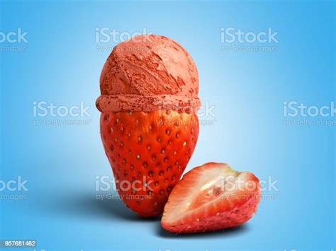 과일 아이스크림은 딸기 아이스크림 볼의 현대 개념은 볶은 딸기에 파란색 배경에 3d 렌더링 0명에 대한 스톡 사진 및 기타 이미지 0명 냉동된 냉동식품 Istock