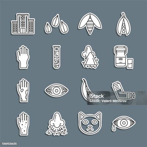 세트 라인 붉은 눈 알레르기 성 결막염 흡입기 우유 꿀벌 테스트 튜브 및 플라스크용 용기 건선 습진 의료 병원 건물 및 콧물 아이콘이있는 손 용기 벡터 건강 진단에 대한