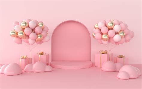 아치 풍선 선물 상자 연단 구름벽 장면 3d 렌더링 내부 제품 프레젠테이션을 위한 플랫폼 배경을 모의 가정의 방에 대한 스톡