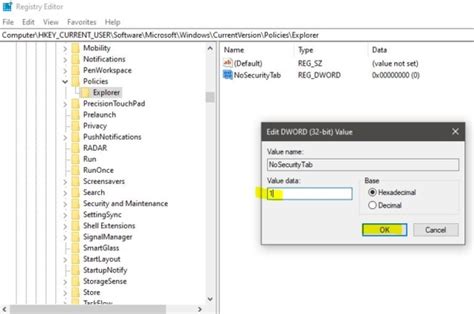 how to disable security tab from file explorer in windows 10
