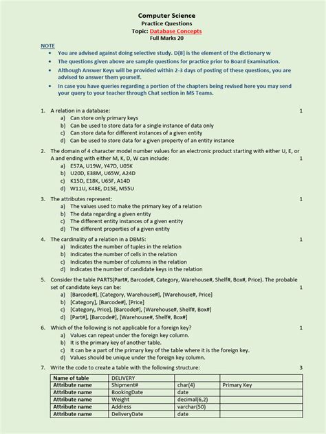 Computer Science Practice Questions 3 Database Concepts Pdf Databases Software Design