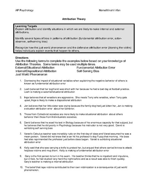 Attribution Theory Formative Dupe Ap Psychology Nameminahil Irfan Attribution Theory Learning