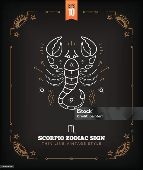 빈티지 선 전갈 자리 조디악 로그인 레이블입니다 복고풍 벡터 점성 학 기호 신비주의 신성한 기하학 요소 엠 블 럼 로고 스트로크 윤곽선 그림입니다 갈고리 발톱에 대한 스톡