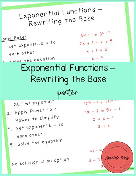 Exponential Functions Rewriting The Base Poster Teaching Resources
