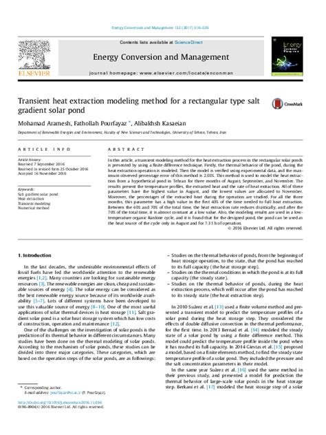 Pdf Transient Heat Extraction Modeling Method For A Rectangular Type Salt Gradient Solar Pond