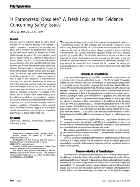The Effect Of Formocresol In Pulpotomy Formaldehyde Carcinogen