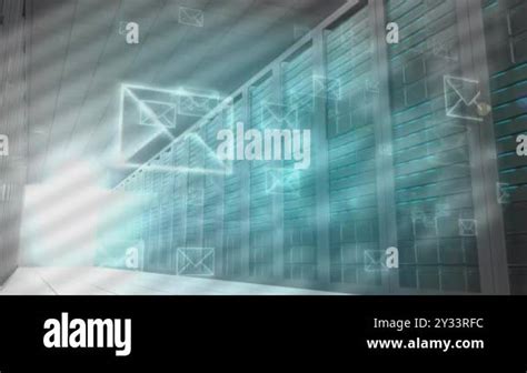 Email Icons Animation Over Server Racks In Data Center Technology Communication Network