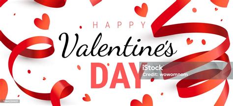 빨간색 말린 리본과 하트와 텍스트 해피 발렌타인 데이 벡터 휴일 그림 발렌타인 데이 인사말 카드 배너텍스트와 색종이가 있는 로맨틱한 템플릿 디자인 0명에 대한 스톡 벡터