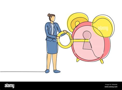 Single Continuous Line Drawing Businesswoman Put Key Into Alarm Clock Female Manager Unlock