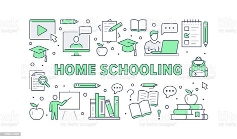 라인 아이콘이 있는 온라인 교육 포스터 배너에 대한 벡터 일러스트는 학생 컴퓨터 책 교사 홈 스쿨링 대학 교육을위한 노트북 녹색 윤곽 그림으로 아이콘을 포함 교육에 대한