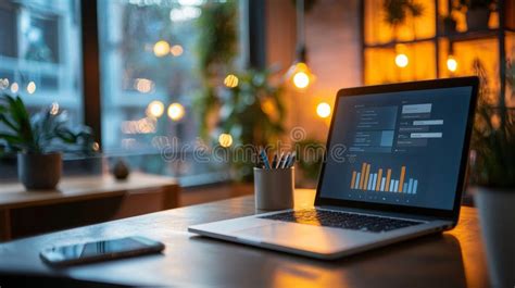 Modern Laptop Displaying Business Charts In Cozy Office Stock Image