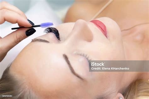 속눈썹 연장 절차 뷰티 살롱에서 긴 속눈썹을 가진 아름다운 여성 속눈썹이 가까이 있습니다 손에 브러시 2명에 대한 스톡 사진 및 기타 이미지 Istock