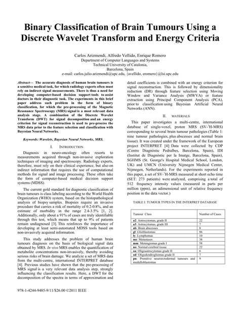 Pdf Binary Classification Of Brain Tumours Using A Discrete Wavelet Transform And Energy Criteria
