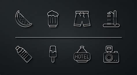 세트 라인 수박 생수 해변 샤워 텍스트 호텔 아이스크림 나무 맥주 머그잔 사진 카메라 플래시 및 수영 트렁크 아이콘과 간판 벡터 검은색에 대한 스톡 벡터 아트 및 기타