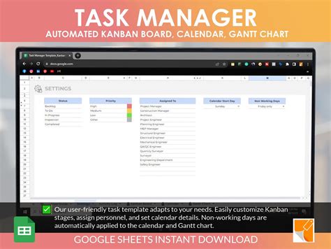 Task Manager Google Sheet Template Automatic Kanban Board Calendar Task List Gantt Chart