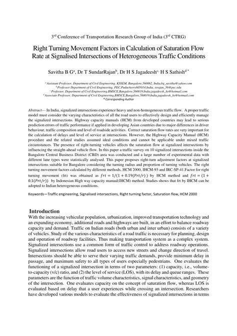 Pdf Right Turning Movement Factors In Calculation Of Saturation Flow Rate At Signalised