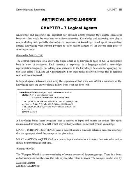 Artificial Intelligence Unit 3 Knowledge And Reasoning Pdf Inference Logic