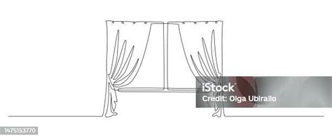 커튼이있는 창문의 연속 선 그리기 단순한 선형 스타일의 드레이프 천이 있는 거실 인터리오아의 개념 편집 가능한 획 낙서 윤곽선 벡터 일러스트 레이 션 0명에 대한 스톡 벡터
