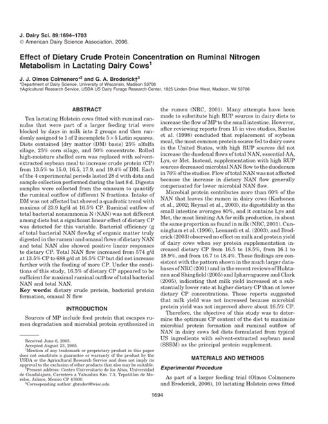 Pdf Effect Of Dietary Crude Protein Concentration On Ruminal Nitrogen Metabolism In Lactating