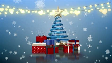 Animation Of Christmas Tree Presents Lights And Falling Snow On Blue Background Stock Footage