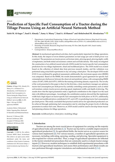 Pdf Prediction Of Specific Fuel Consumption Of A Tractor During The Tillage Process Using An