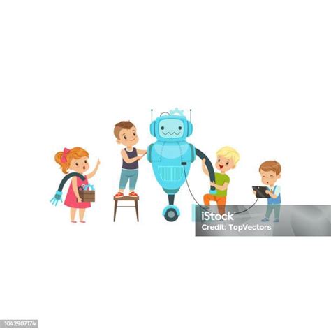 작은 아이 프로그래밍 및 스마트 로봇 만들기 교육 프로젝트 개념 벡터 그림을 흰색 배경에 아이에 대한 스톡 벡터 아트 및 기타