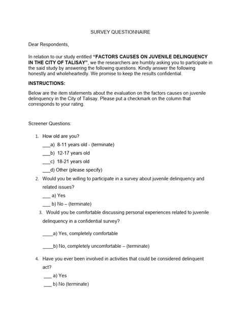 Satinitigan Final Questionnaire Pdf Juvenile Delinquency Violence