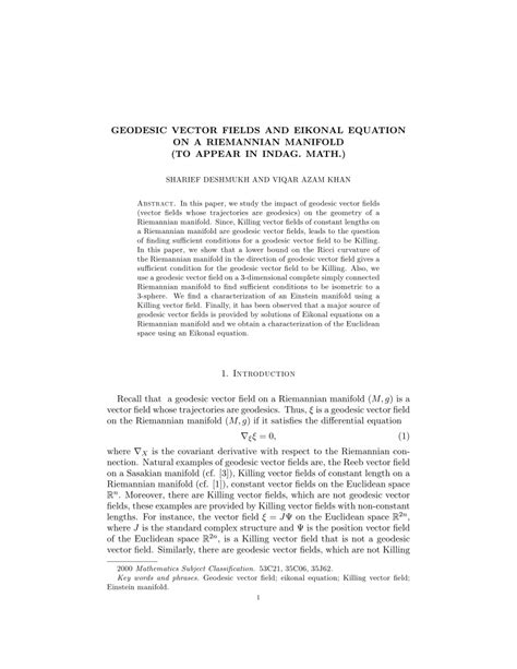 Pdf Geodesic Vector Fields And Eikonal Equation On A Riemannian Manifold