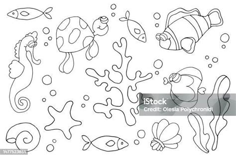 색칠하기 책을 위한 흰색 배경에 고립된 바다 요소의 구성 거북이에 대한 스톡 벡터 아트 및 기타 이미지 거북이 교육 구도 Istock