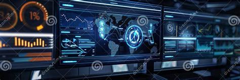 A Futuristic Computer Monitor Displaying An Abstract Network Monitoring Dashboard With Swirling
