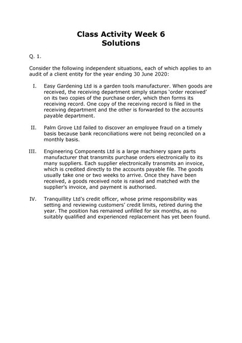 Class Activity Week 6 Solutions Class Activity Week 6 Solutions Q 1 Consider The Following