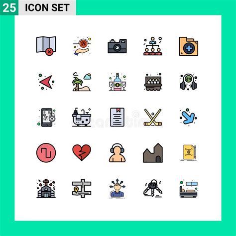 Set Of 25 Vector Filled Line Flat Colors On Grid For Bag Share Camera People Business Stock