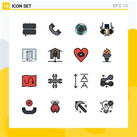 Modern Set Of 16 Flat Color Filled Lines And Symbols Such As Weight Dumbbell Complexity Maze
