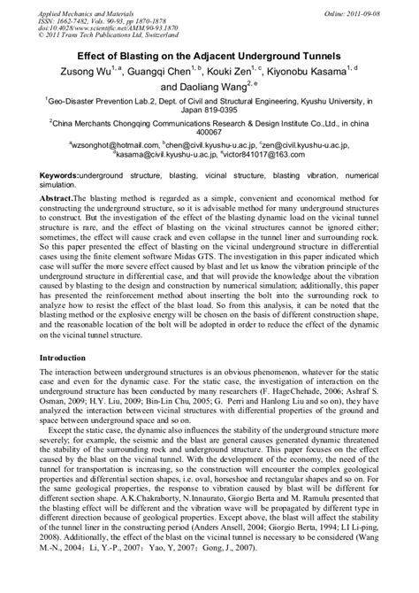 Effect Of Blasting On The Adjacent Underground Tunnels Scientific Net